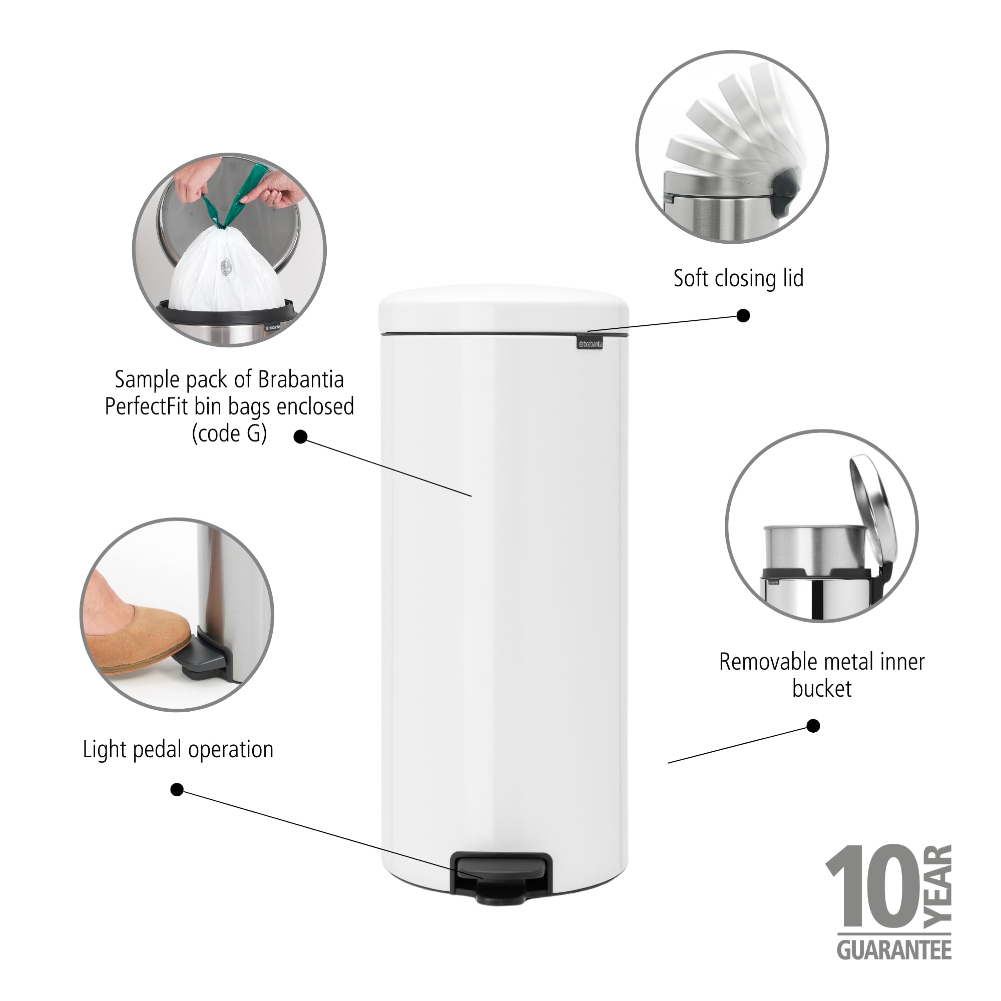 Brabantia 114748 Pedal Bin newIcon with Metal Inner Bucket, 30 Litre - White
