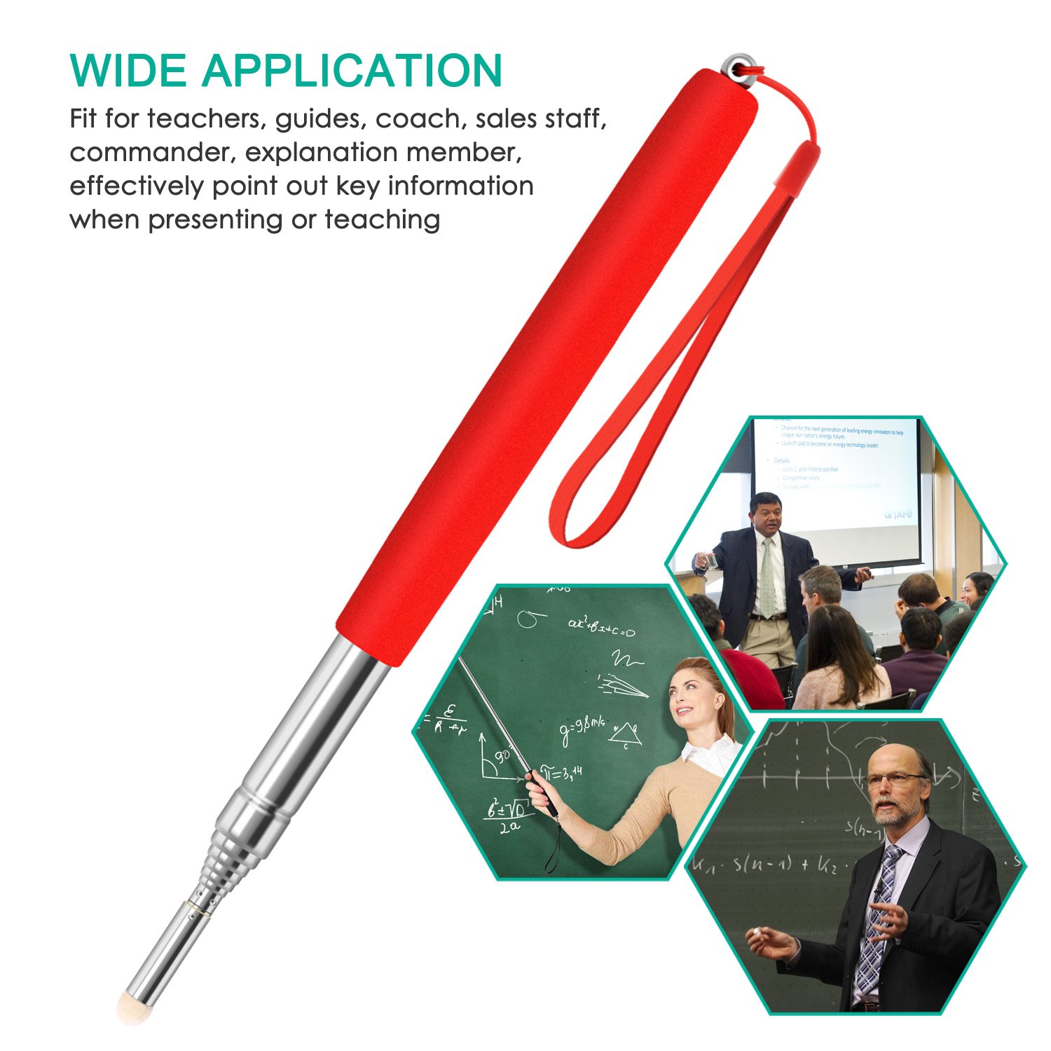 Alcoon 3 Pack Telescopic Teachers Pointer Retractable Handheld Presenter Extendable Classroom Whiteboard Pointer with Lanyard for Teachers, Coach, Presenter, Extends to 39 Inch (Black, Red, Blue)