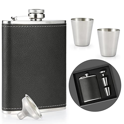 Hip Flask Gift Set for Men, 8 Oz Leak Proof Flasks for Liquor with 2 Cups & Funnel in Gift Box, Food Grade Stainless Steel Black Leather Pocket Flask for Whiskey, Wedding Party Groomsman Gift