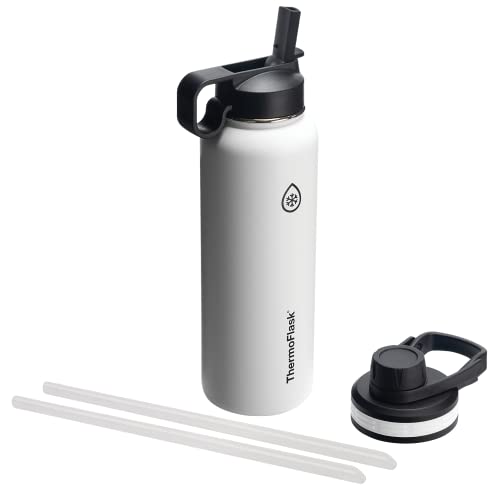ThermoFlask Double Wall Vacuum Stainless Steel Insulated Water Bottle with Two Lids, 40 Ounce, White