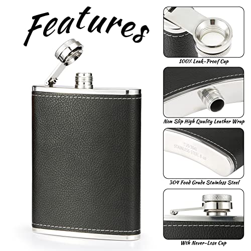 Hip Flask Gift Set for Men, 8 Oz Leak Proof Flasks for Liquor with 2 Cups & Funnel in Gift Box, Food Grade Stainless Steel Black Leather Pocket Flask for Whiskey, Wedding Party Groomsman Gift