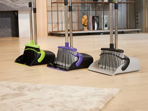 COUPLEP Broom and Dustpan Combo Set for Home Super Long Handle, Upright Standing Dustpan for Home Room Kitchen Office Lobby Outdoor Floor Use (Purple & Black)