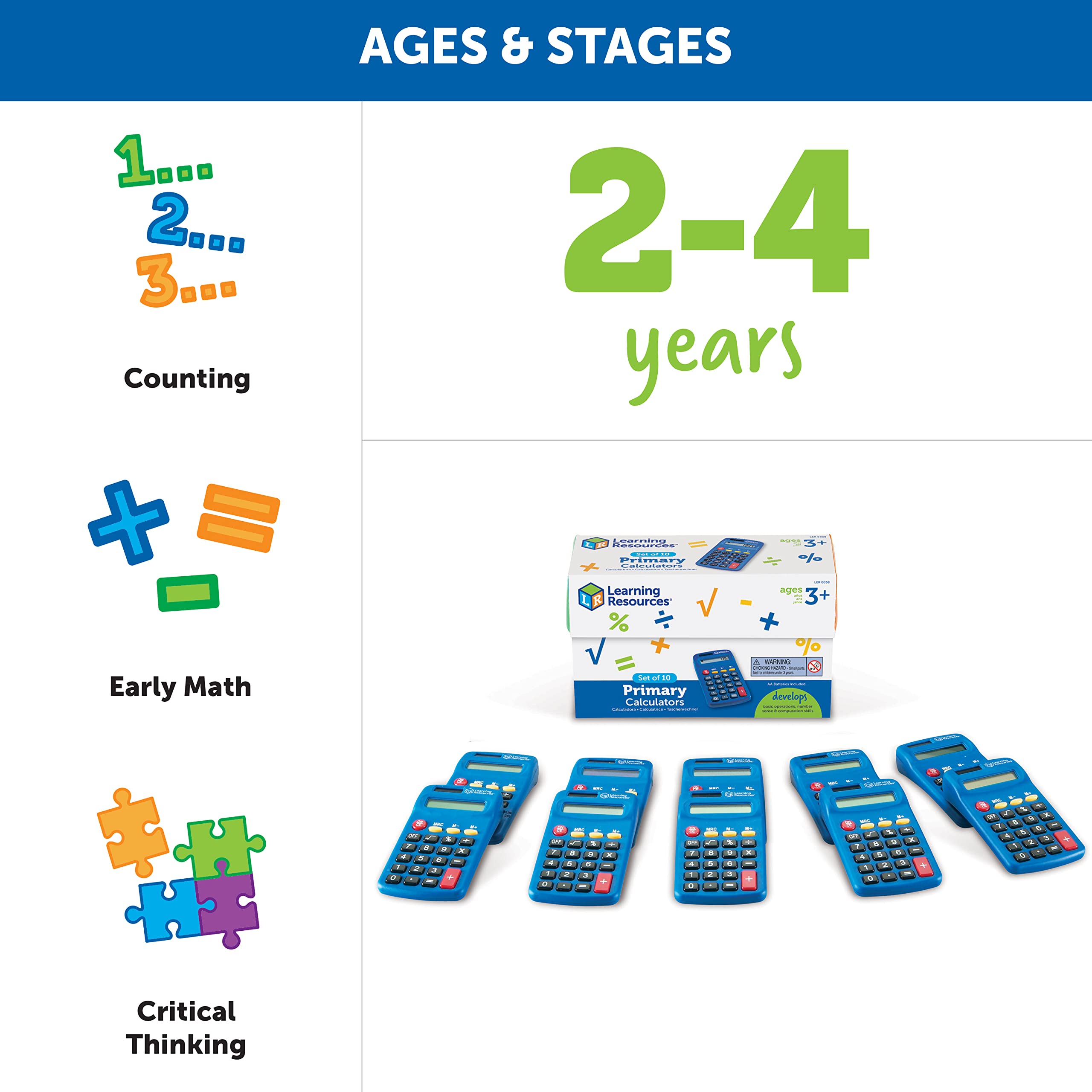 Learning Resources Primary Calculator - 10 Pieces, Ages 3+ Basic Solar Powered Calculators, Teacher Set of 10 Calculators, School Supplies