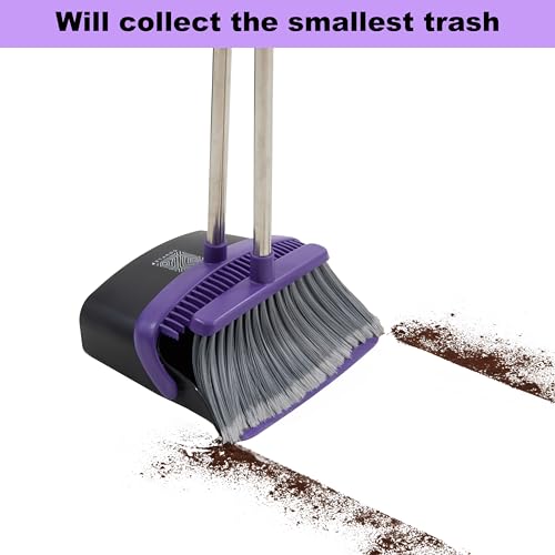 COUPLEP Broom and Dustpan Combo Set for Home Super Long Handle, Upright Standing Dustpan for Home Room Kitchen Office Lobby Outdoor Floor Use (Purple & Black)