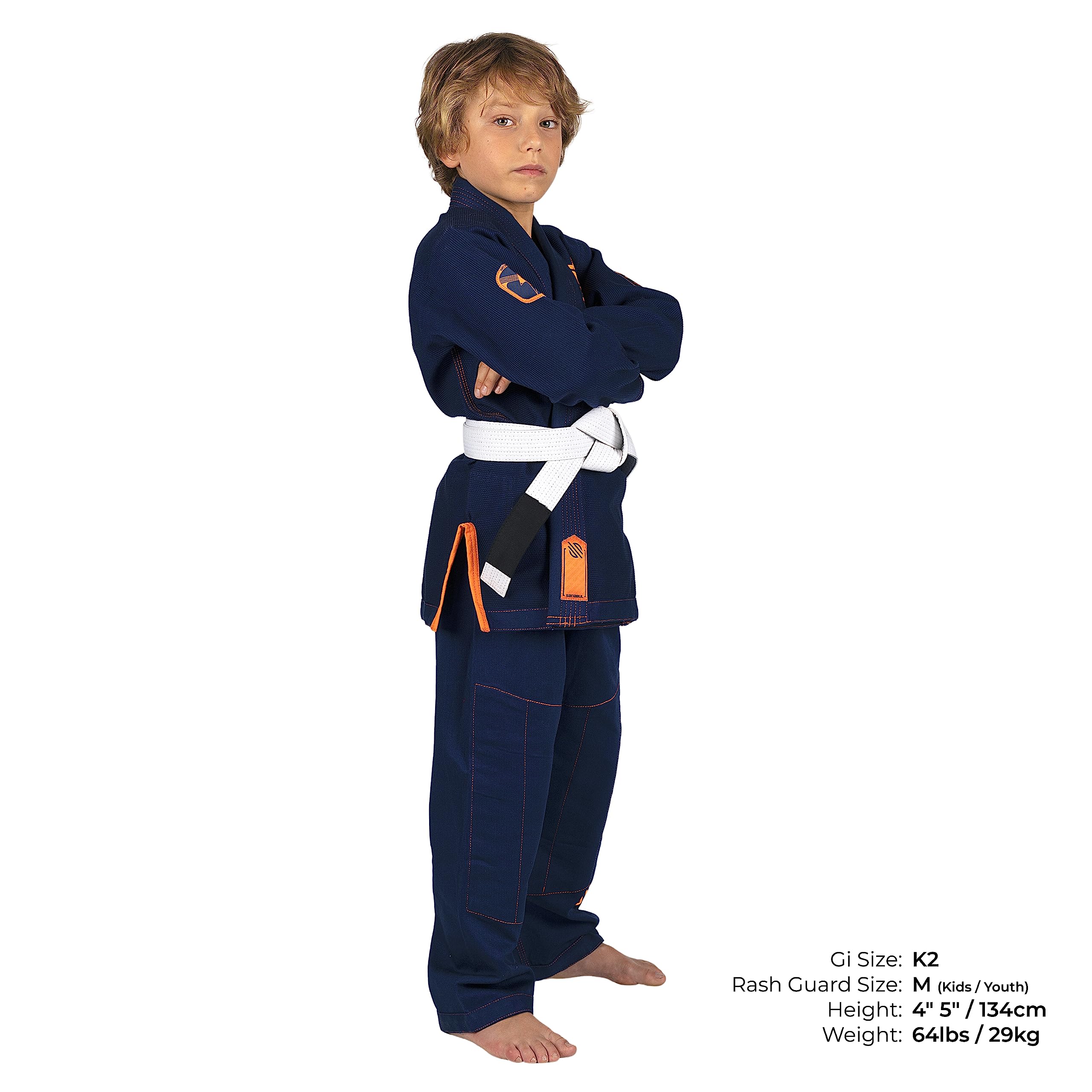 Sanabul Future Legends BJJ Gi for Kids Jiu Jitsu Gi Kimono for Children Youth Preshrunk Fabric & BJJ White Belt Included - Navy/Orange, K1