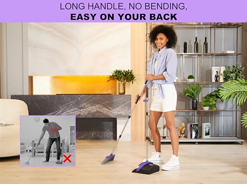 COUPLEP Broom and Dustpan Combo Set for Home Super Long Handle, Upright Standing Dustpan for Home Room Kitchen Office Lobby Outdoor Floor Use (Purple & Black)