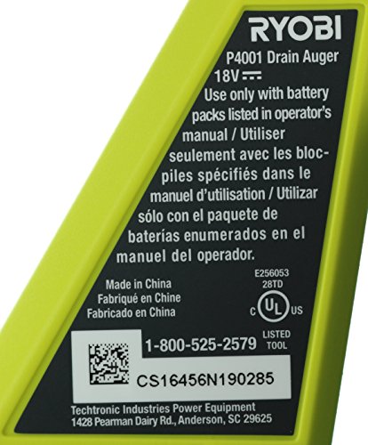 Ryobi P4001 One+ 18V Lithium Ion All-In-One 25 Foot Drain Auger for Sinks or Toilets (Battery Not Included, Power Tool Only)