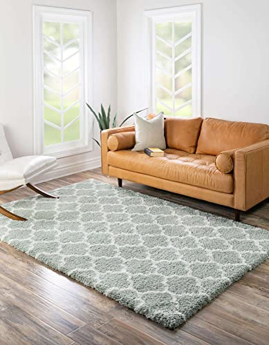 Unique Loom Rabat Shag Collection Area Rug - Marble (9' 10" x 14' 1" Rectangle, White Cyan/Ivory)