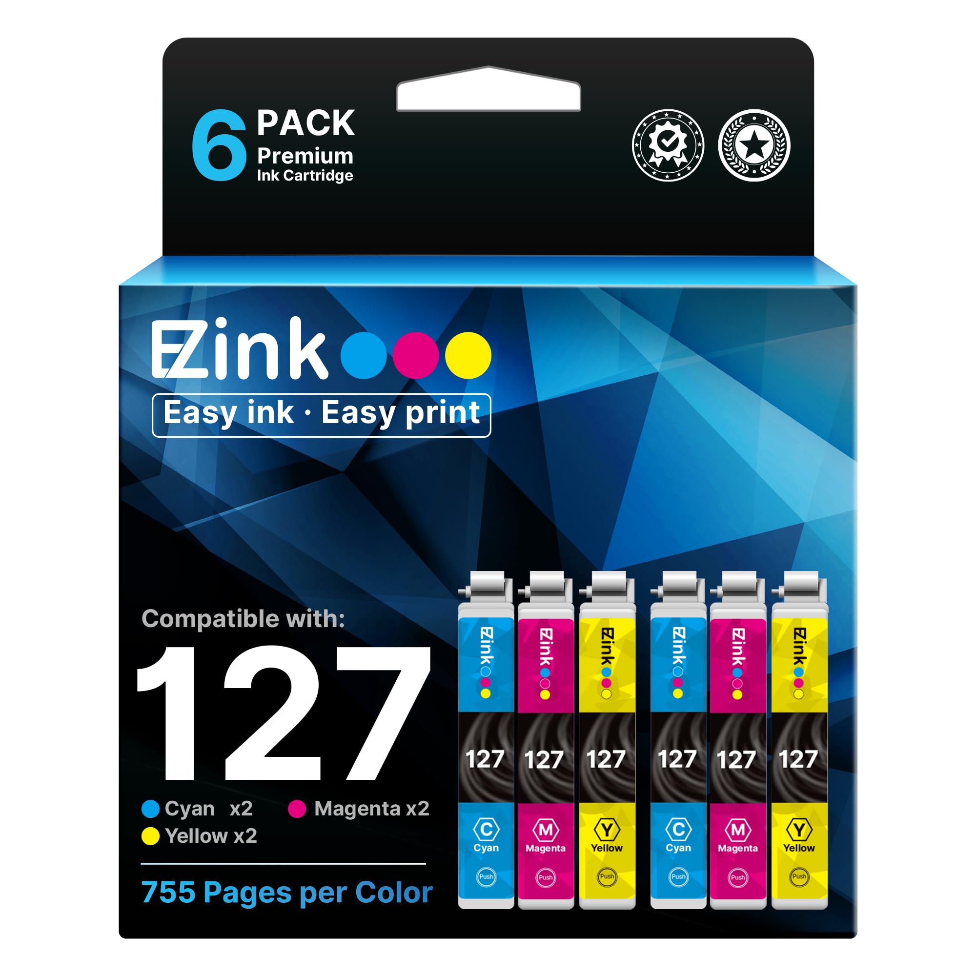 E-Z Ink (TM) Remanufactured Ink Cartridge Replacement for Epson 127 T127 to use with NX530 625 WF-3520 WF-3530 WF-3540 WF-7010 WF-7510 7520 545 645 (2 Cyan, 2 Magenta, 2 Yellow) 6 Pack