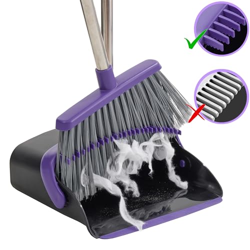 COUPLEP Broom and Dustpan Combo Set for Home Super Long Handle, Upright Standing Dustpan for Home Room Kitchen Office Lobby Outdoor Floor Use (Purple & Black)