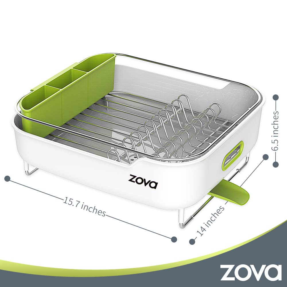 zova Premium Stainless Steel Dish Drying Rack with Swivel Spout, Dish Drainer Utensil Organizer for Kitchen– Medium, White &Green
