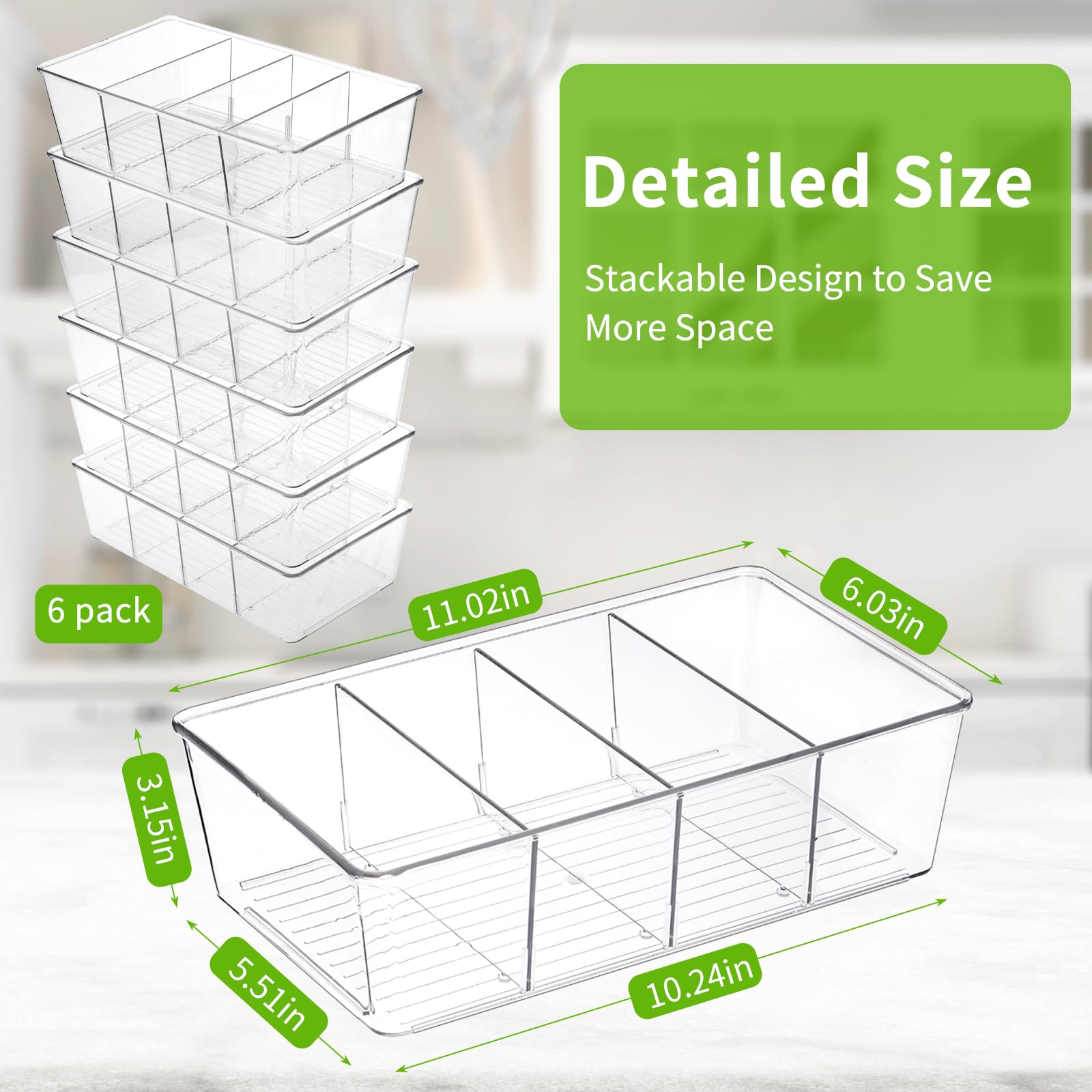 Moretoes 6 Pack Clear Plastic Storage Bins with Dividers, Food Storage Organizer Bins for Pantry Kitchen Fridge Cabinet Organization, 4 Compartment Holder for Organize Packets Spices Pouches Snacks