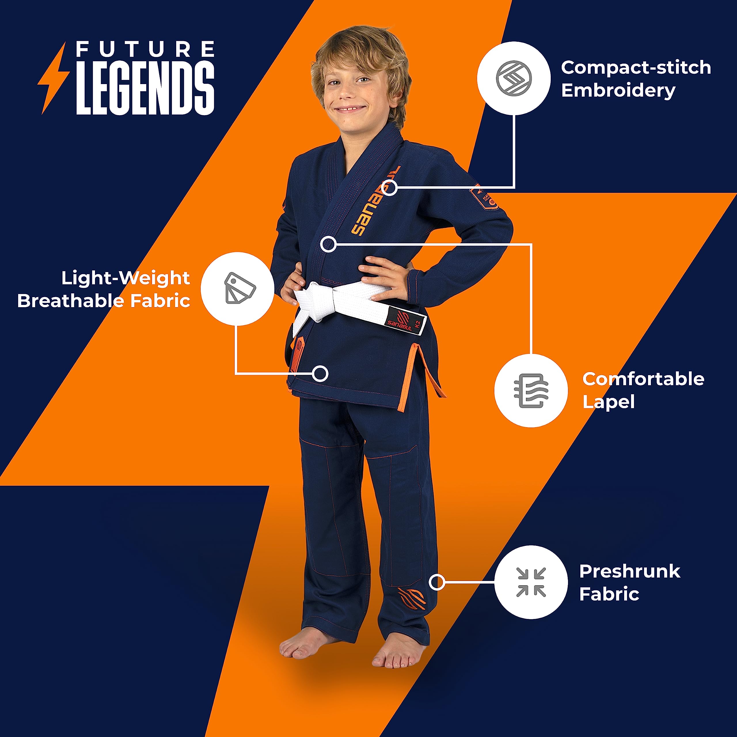 Sanabul Future Legends BJJ Gi for Kids Jiu Jitsu Gi Kimono for Children Youth Preshrunk Fabric & BJJ White Belt Included - Navy/Orange, K1
