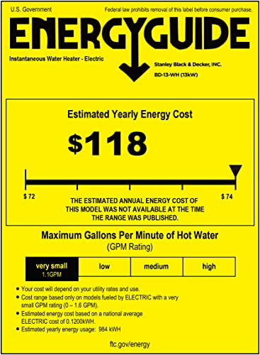 BLACK+DECKER 13kW / 240-V Tankless Electric Water Heater with Pressure Relief Device, Ideal for a Full Bathroom