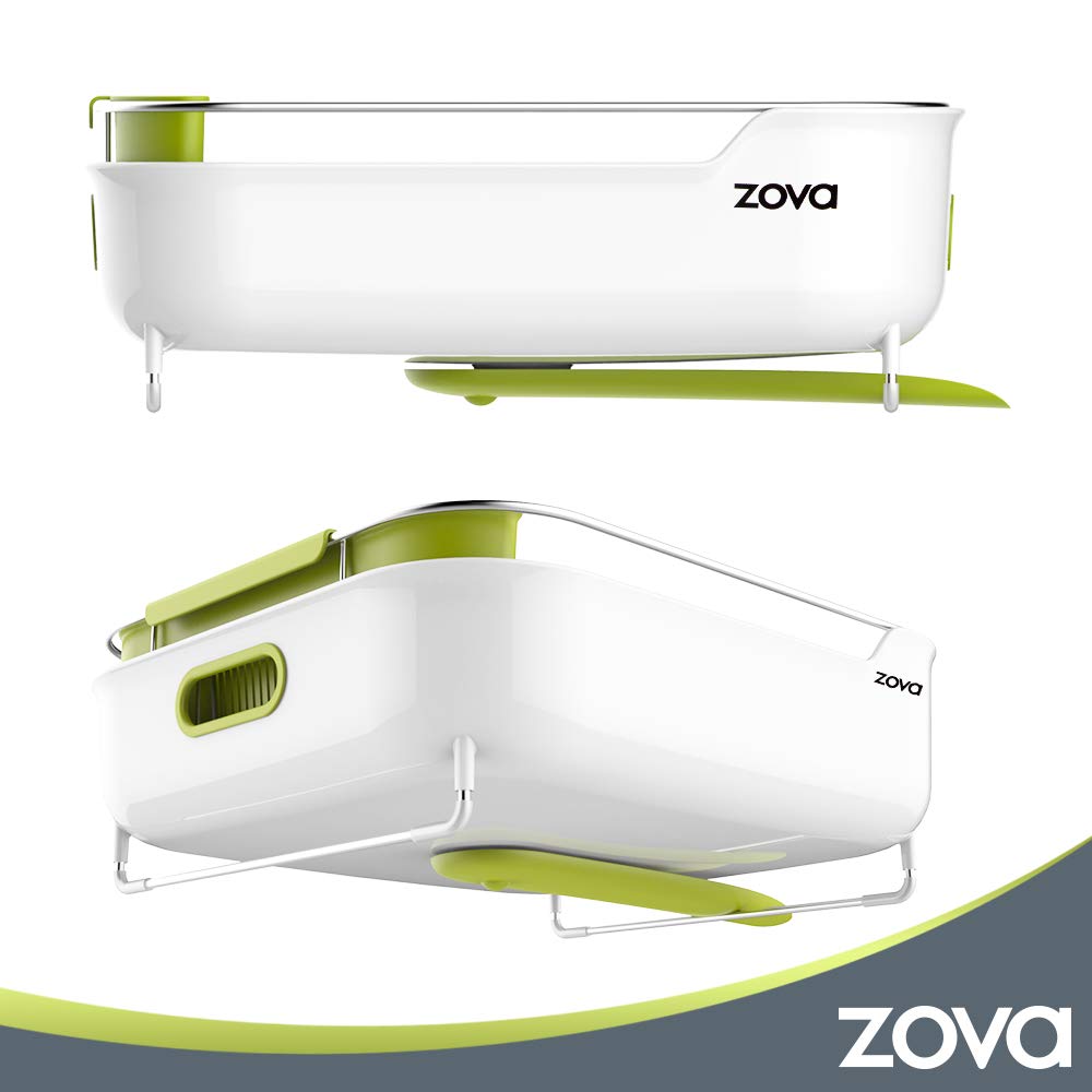 zova Premium Stainless Steel Dish Drying Rack with Swivel Spout, Dish Drainer Utensil Organizer for Kitchen– Medium, White &Green