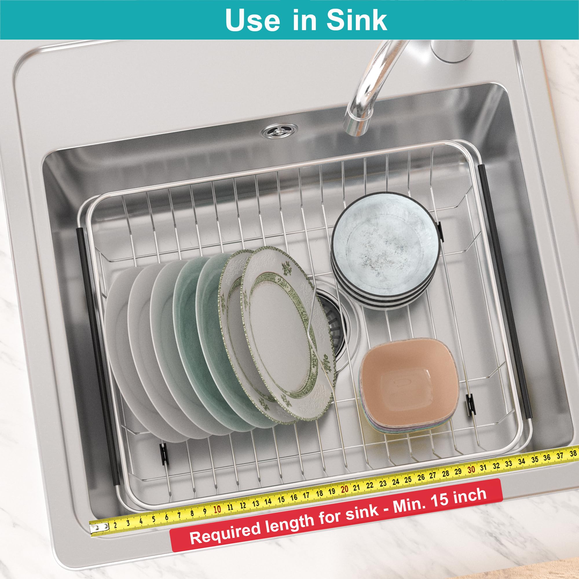 iPEGTOP Expandable Dish Drying Rack with Rustproof Stainless Steel Utensil Cutlery Holder, Over Sink Dish Rack Basket Shelf, Dish Drainer in Sink or On Counter
