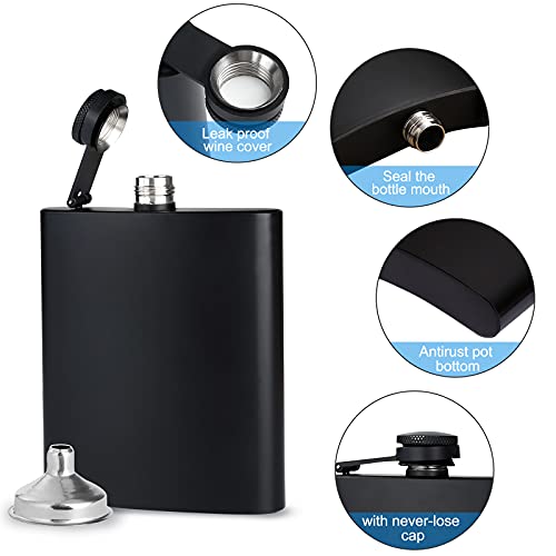 GADIEDIE Flasks 2Pcs Hip Flasks for Liquor for Men 8Oz Matte Black Stainless Steel Leakproof and Funnel,with Never-Lose Metal Cap, Drinking Flasks for Wedding Party Gift Outdoor Activities