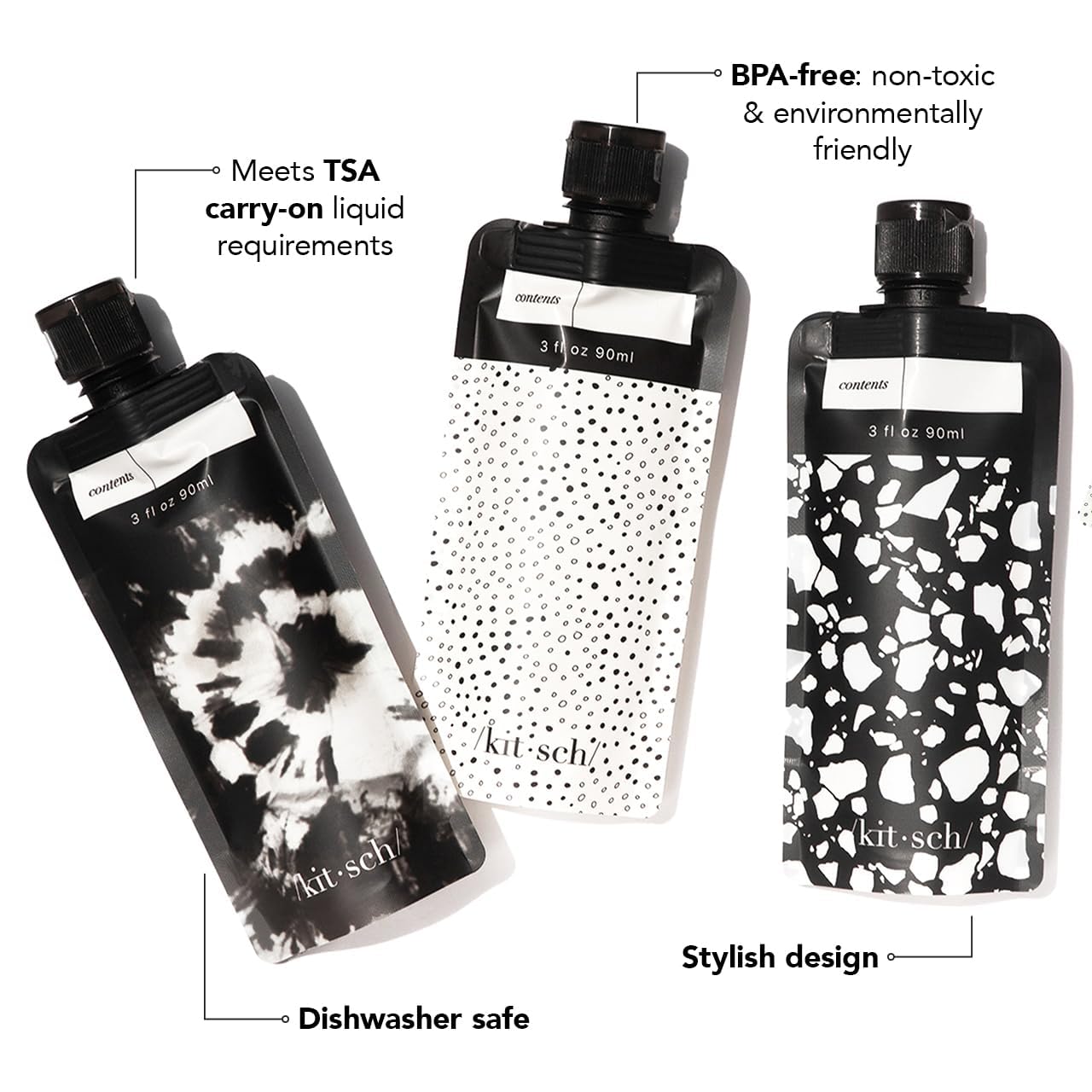 Kitsch Travel Bottles for Toiletries, TSA Approved 3oz Travel Size Containers, BPA Free Leak Proof Refillable Liquid Squeeze Travel Pouches for Shampoo Conditioner, Flat Travel Tubes for Lotion 3 Pack