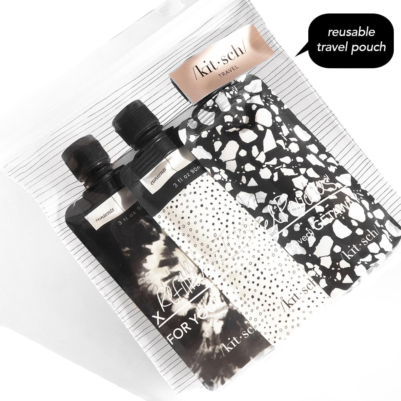 Kitsch Travel Bottles for Toiletries, TSA Approved 3oz Travel Size Containers, BPA Free Leak Proof Refillable Liquid Squeeze Travel Pouches for Shampoo Conditioner, Flat Travel Tubes for Lotion 3 Pack