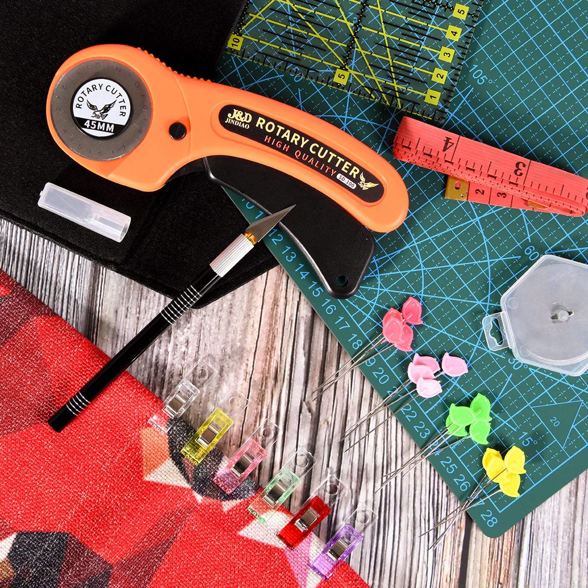 146 Pcs Rotary Cutter Set for Fabric,45mm Rotary Cutter Tool Kit with Cutting Mat,Tape Measure,Carving Knife,Storage Bag,Replacement Cutter Blades,Rotary Cutter Kit for Sewing and Quilting