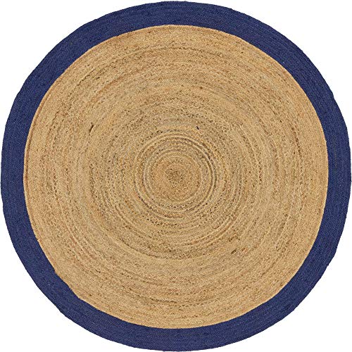 Unique Loom Braided Jute Collection Classic Quality Made Natural Hand Woven with Solid Color Detail Area Rug (8' 0 x 8' 0 Round, Natural/ Navy Blue)