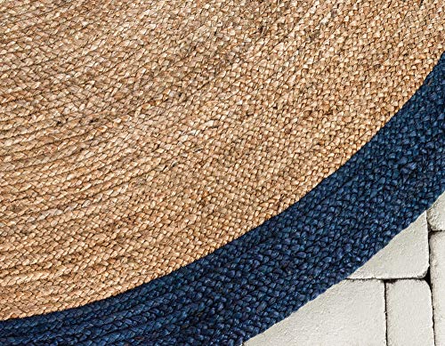 Unique Loom Braided Jute Collection Classic Quality Made Natural Hand Woven with Solid Color Detail Area Rug (8' 0 x 8' 0 Round, Natural/ Navy Blue)