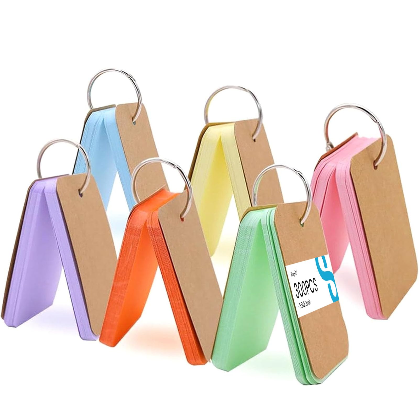 Koogel 300 Pieces 2.2 x 3.5 Inches Multicolor Kraft Paper Binder Ring Easy Flip Flash Card Study Cards/Memo Scratch Pads/Bookmark/DIY Greeting Card/Index Card Stock/Note Card(50 Sheets per Set)