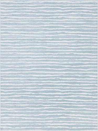 Unique Loom Sabrina Soto Outdoor Collection Geometric, Modern, Vibrant, Striped Carved Area Rug, 9 ft x 12 ft, Light Blue/Ivory