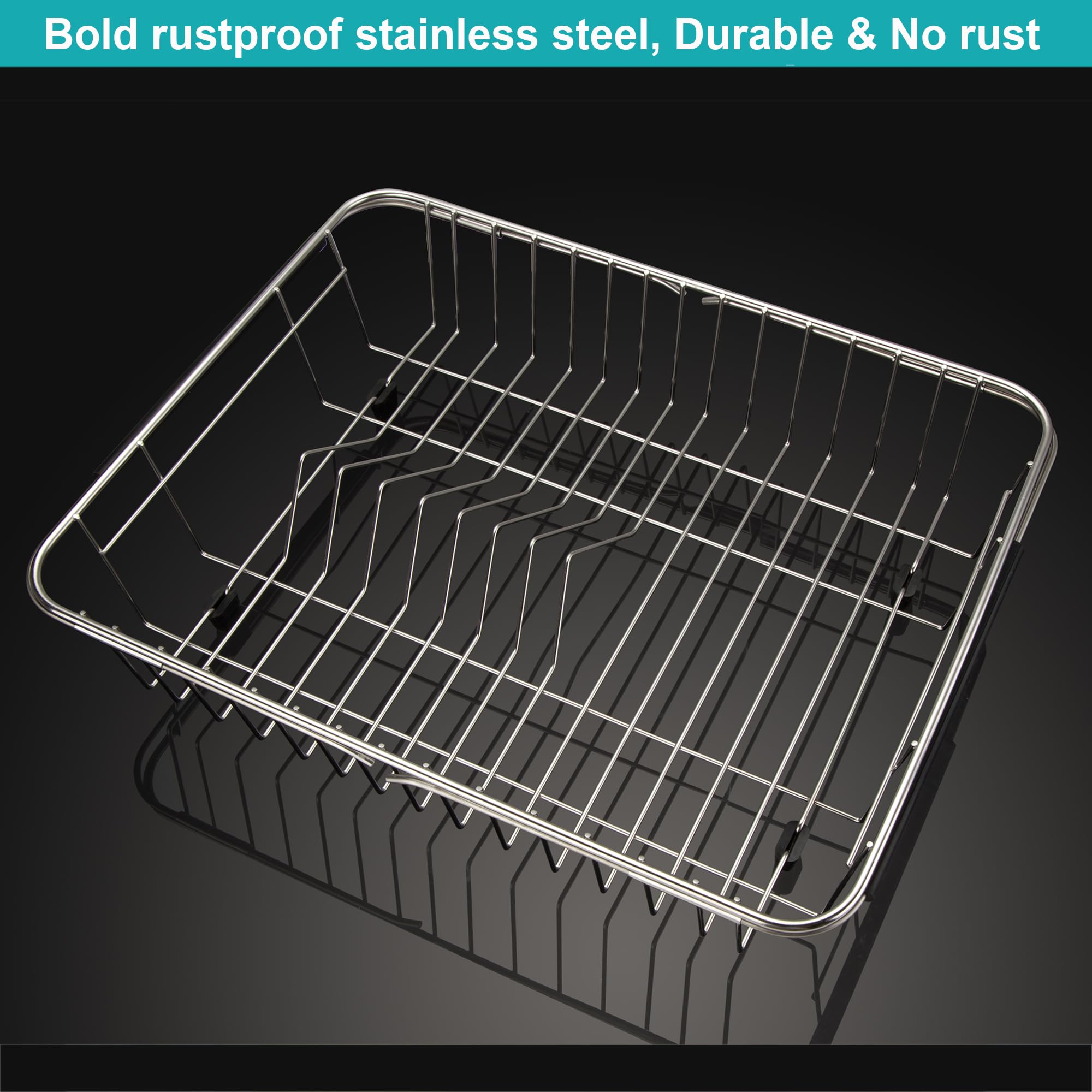 iPEGTOP Expandable Dish Drying Rack with Rustproof Stainless Steel Utensil Cutlery Holder, Over Sink Dish Rack Basket Shelf, Dish Drainer in Sink or On Counter