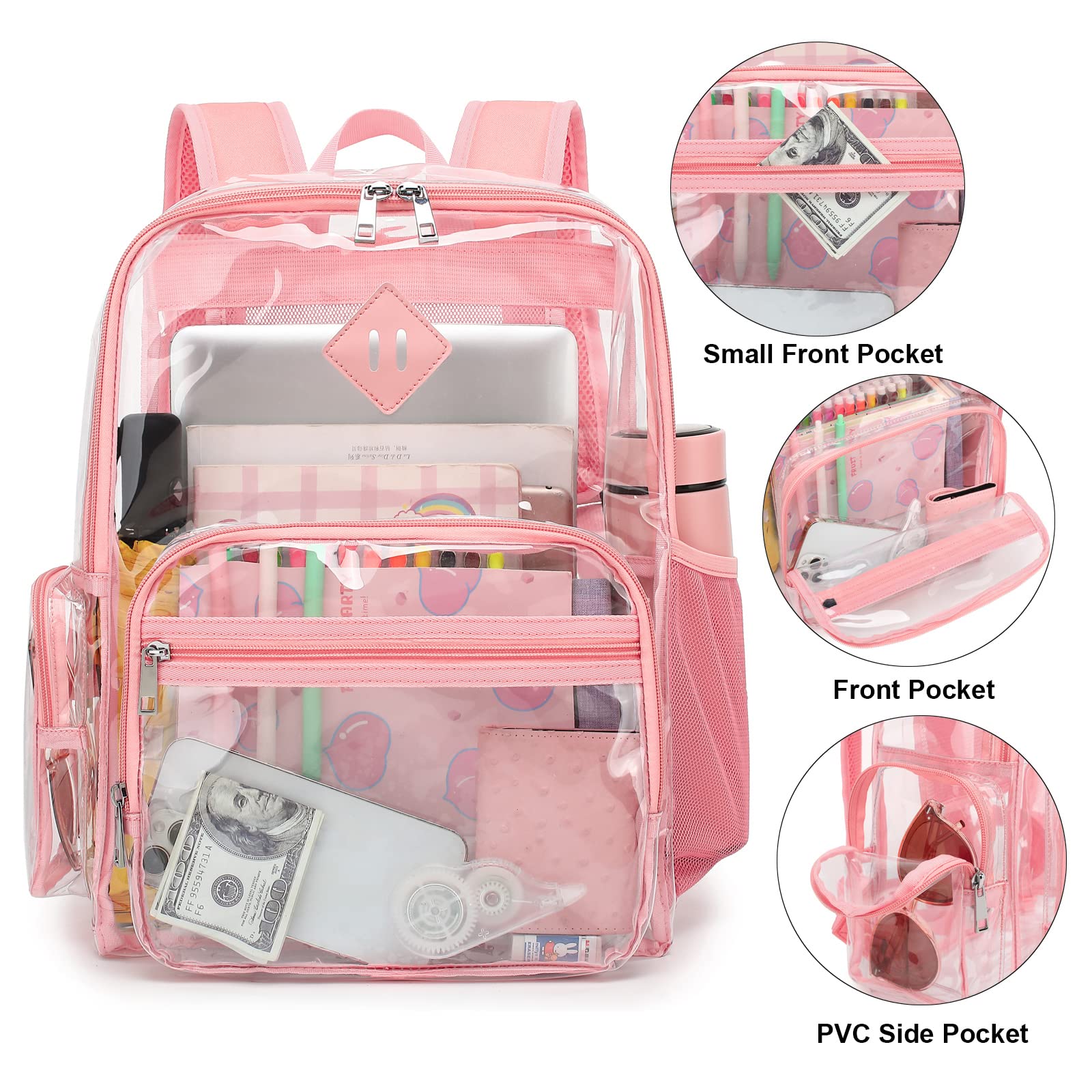 Fuyicat Heavy Duty Clear Backpack for Girls Boys Women Men, PVC Transparent School Backpacks See Through College Bookbag (Pink)