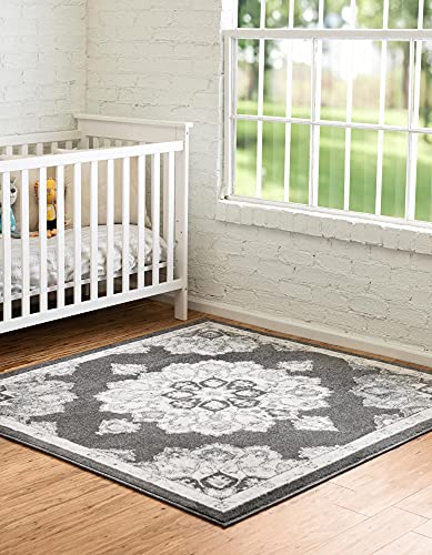 Unique Loom Parker Collection Colorful Medallion Charcoal/Ivory Square Rug (5' 0 x 5' 0)