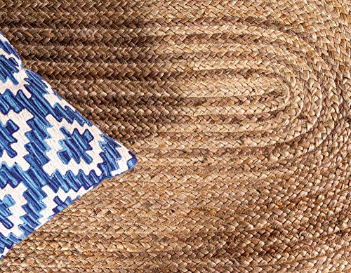 Unique Loom Braided Jute Collection Classic Quality Made Natural Hand Woven with Solid Color Detail Area Rug (8' 0 x 8' 0 Round, Natural/ Navy Blue)