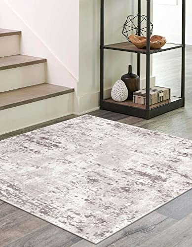 Unique Loom Eos Collection Area Rug - Borealis (6' Square, Stone Gray/Ivory)