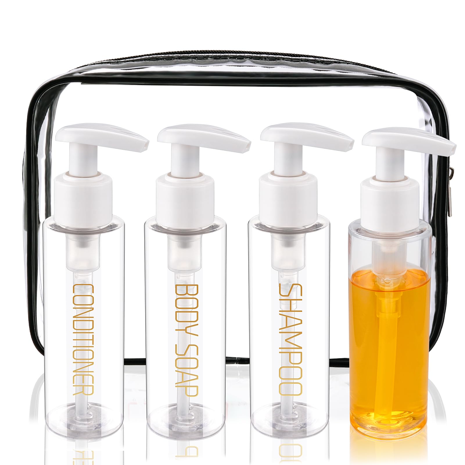 Travel Bottles Plastic Pump Bottle Dispenser Tsa Approved 3.4oz/100ml 4 Pack Travel Refillable Shampoo and Conditioner Bottles Empty Travel Size Bottles for Cosmetic, Lotion, Liquid Soap (Clear)