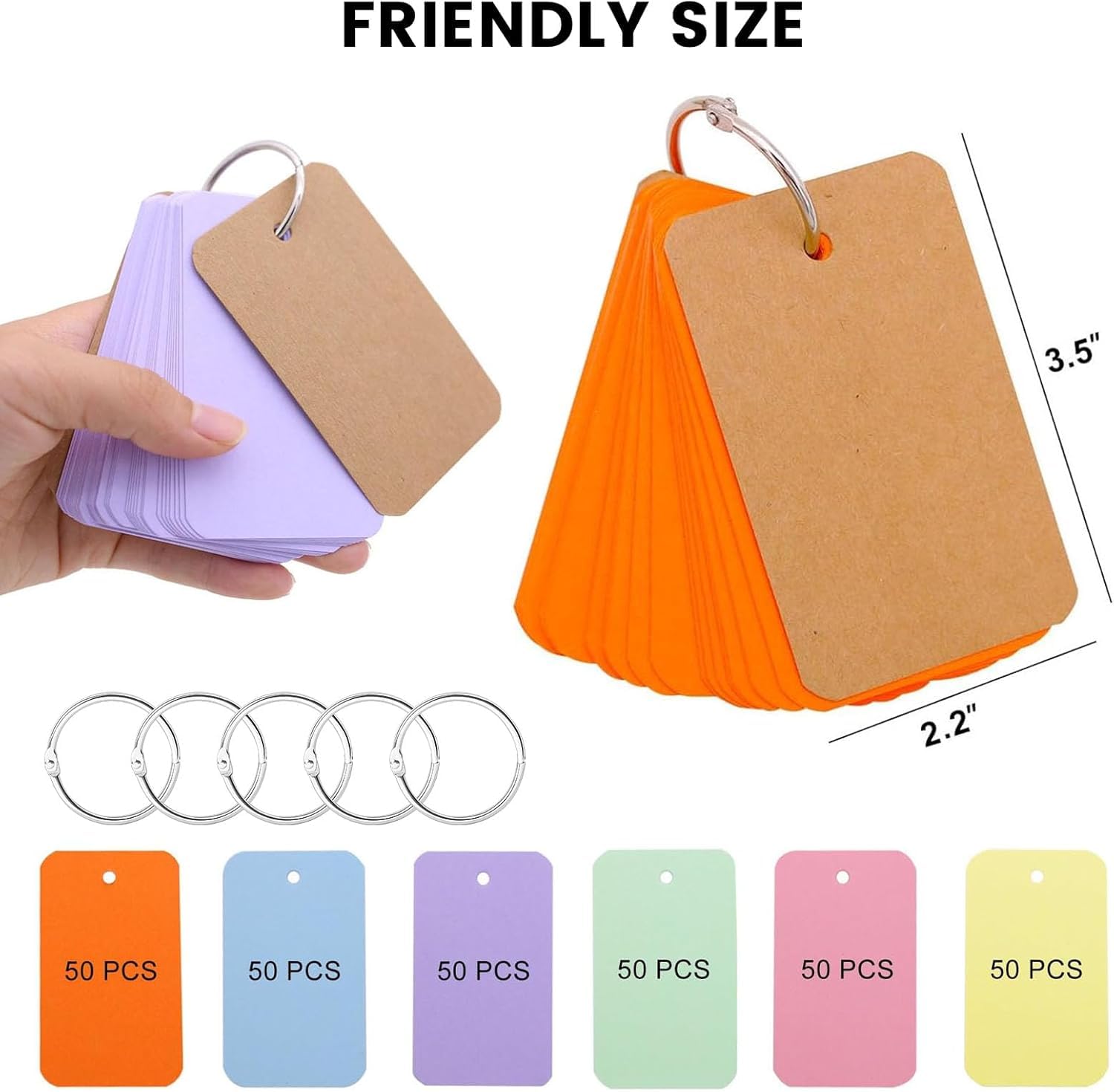 Koogel 300 Pieces 2.2 x 3.5 Inches Multicolor Kraft Paper Binder Ring Easy Flip Flash Card Study Cards/Memo Scratch Pads/Bookmark/DIY Greeting Card/Index Card Stock/Note Card(50 Sheets per Set)