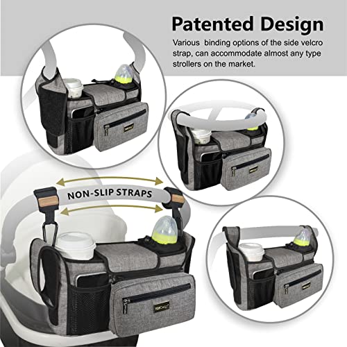 TOPDesign Universal Baby Stroller Organizer, Stroller Caddy with Heightened Insulated Cup Holders & Non-Slip Secure Hooks Accessories, Fits Most Strollers, Machine Washable (Blue)