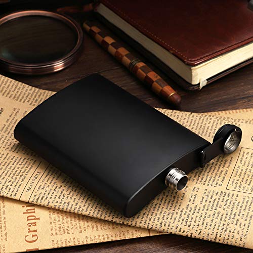 Hip Flask for Liquor Matte Black Stainless Steel Leakproof with Funnel ,8 Oz, Set of 8