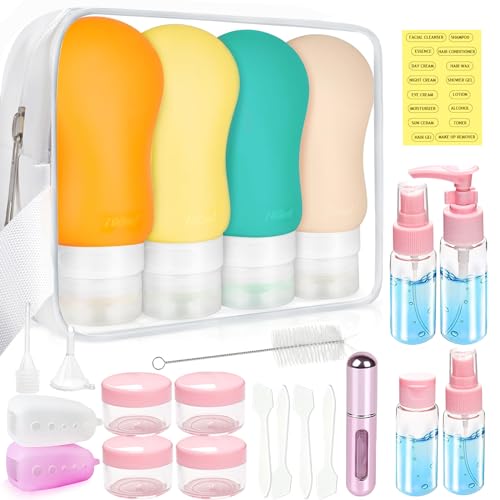 24 Pack Travel Bottles Set for Toiletries, TSA Approved Leak Proof Silicone Squeezable Containers for Toiletries, Refillable Travel Accessories for Conditioner, Shampoo, Lotion & Body Wash
