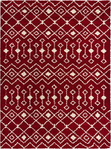 Unique Loom Moroccan Trellis Shag Collection Area Rug - Meknes (10' 8" x 14' Rectangle, Burgundy Red/Ivory)