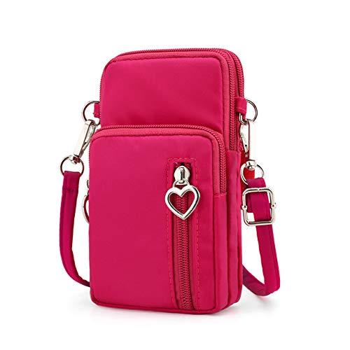Women Nylon Cell Phone Purse Wallet Pouch Mini Crossbody Shoulder Bag Zip Handbag with Card Pocket (Pink)