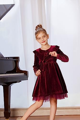 GRACE KARIN Girls Red Velvet Dress Crew Neck Christmas Fall Winter Party Dresses Size 5-6