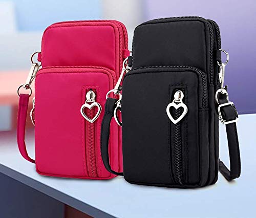Women Nylon Cell Phone Purse Wallet Pouch Mini Crossbody Shoulder Bag Zip Handbag with Card Pocket (Pink)