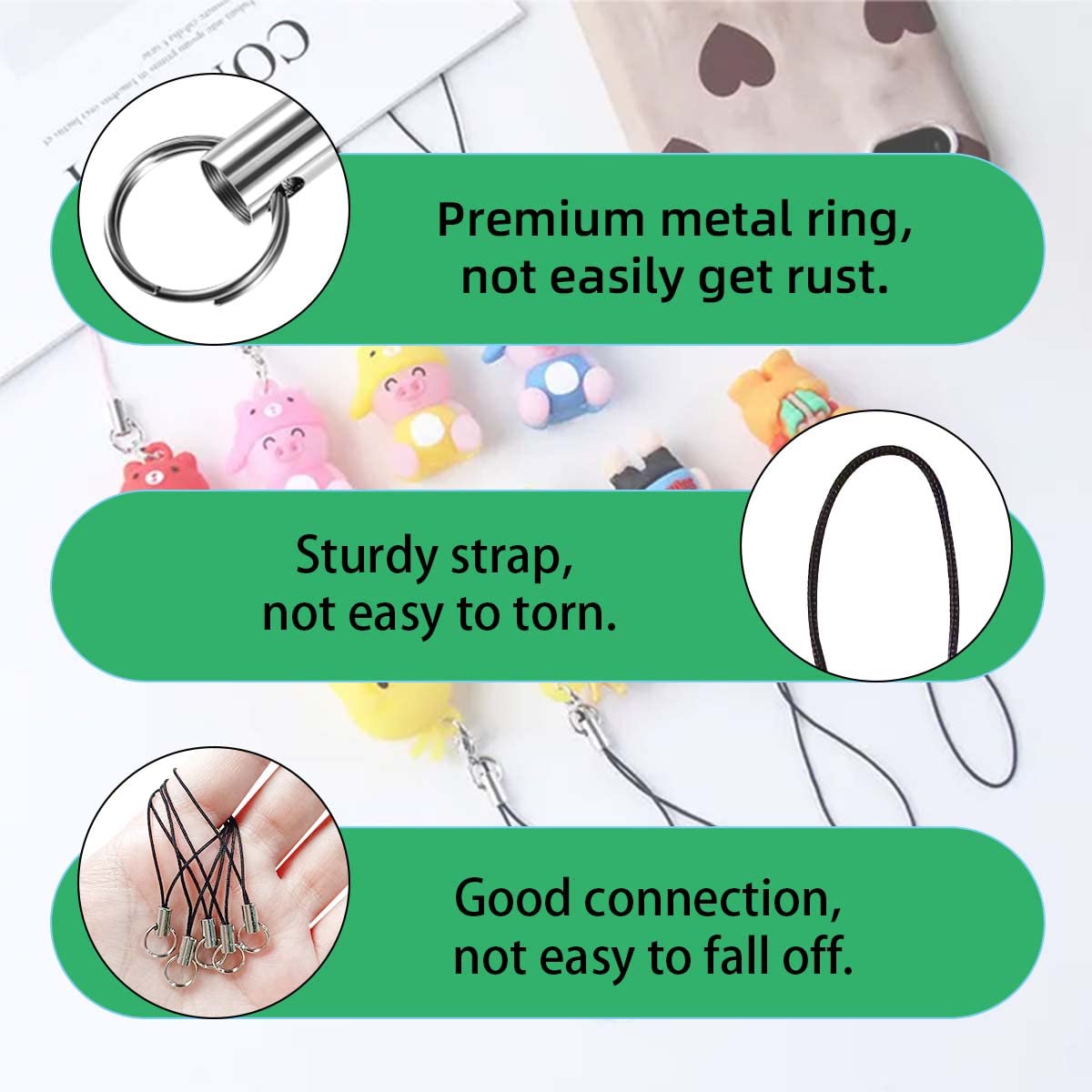 100 Pieces Lanyard Phone Ring Strap for Cellphone Mobile Lariat Lanyard Cell Phone Split Ring Strap Charm Cords with Silver Tone Split Ring for Mobile USB Flash Drive MP3 Keychain Keyring DIY (Black)