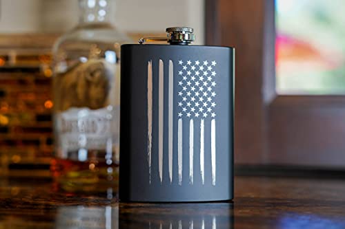 American Flag 8 oz Flask | Stainless Steel Hip Flask for Liquor – Matte Black, Great Gift Idea for Veterans