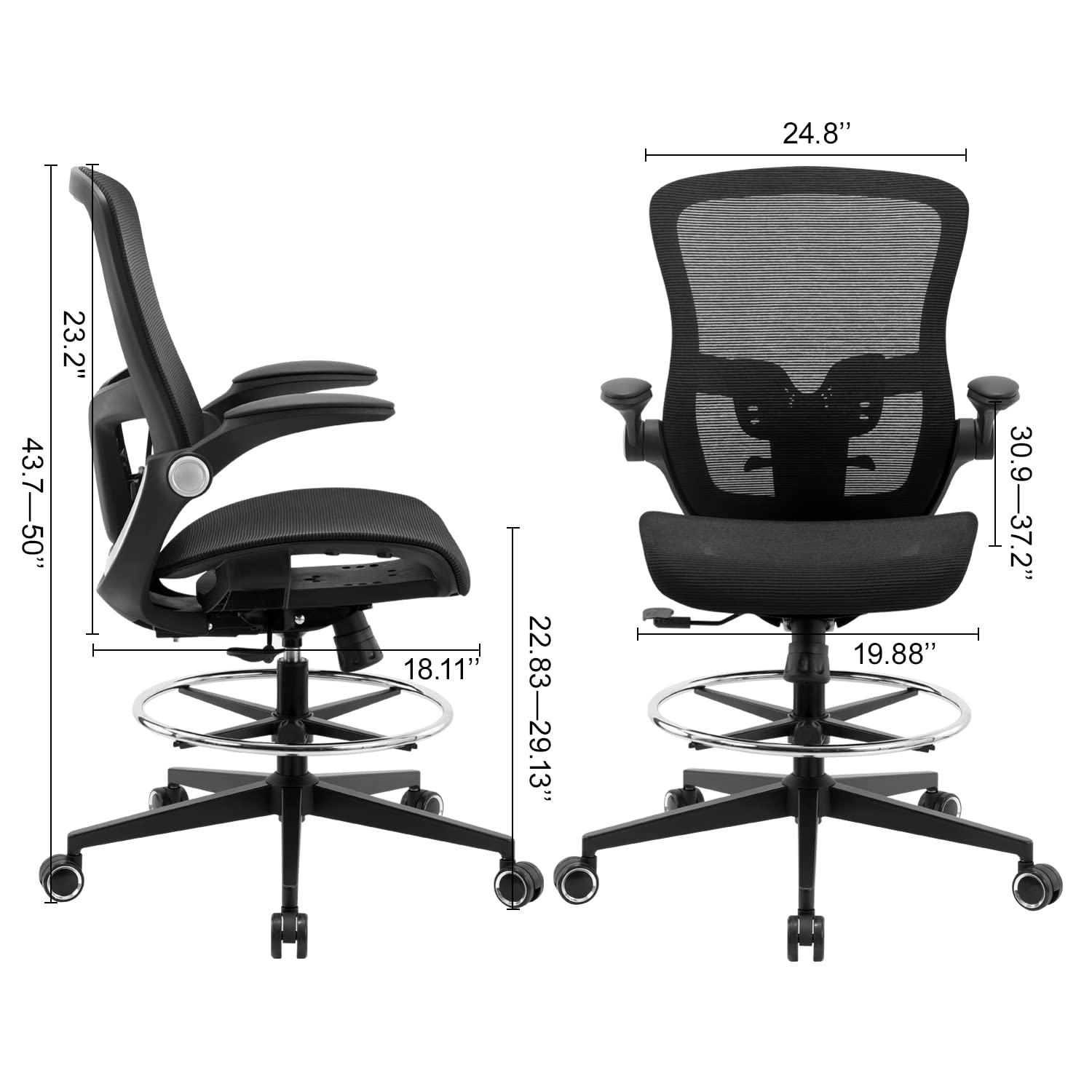 Mid-Back Ergonomic Drafting Chair,Mesh High Desk Chair,Counter Height Desk Chair,Tall Office Chair with Adjustable Foot Ring,Standing Desk Chair with Lumbar Support and PU Arms(Black)