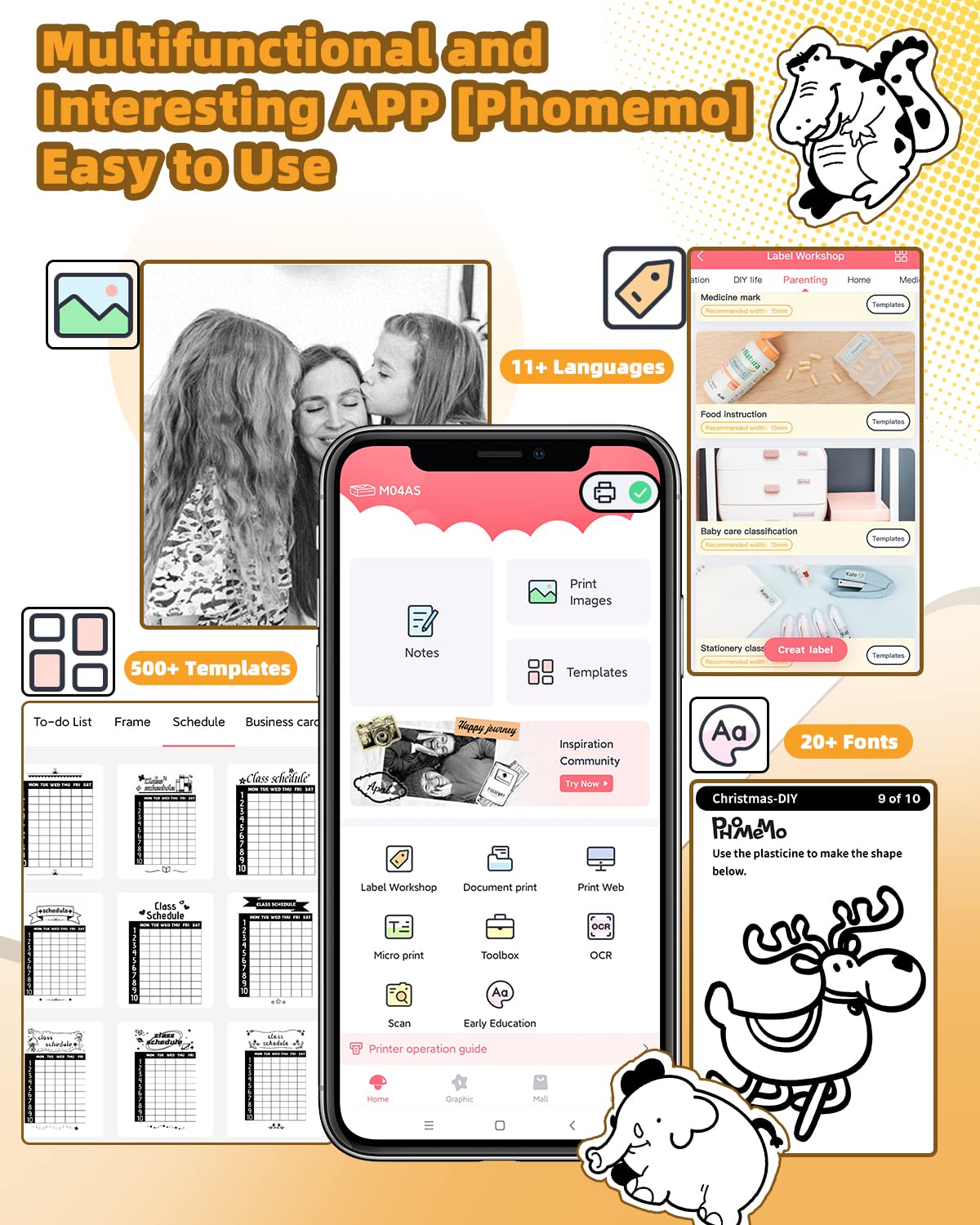 Memoqueen Mini Sticker Printer M04AS Portable Thermal Printer Wireless Bluetooth Printer for iPhone, Support 15/53/80/110mm Paper, Compatible with iOS & Android, Great for Memo, Notes, Photo, Journal
