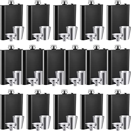 16 Packs Hip Flask for Liquor Matte Black 8 oz Stainless Steel Hip Flask Leakproof Flask Set with 16 Funnel and Shot Cups for Men Women Drinking Cocktail Whiskey Wine Wedding Groomsman Party Supply