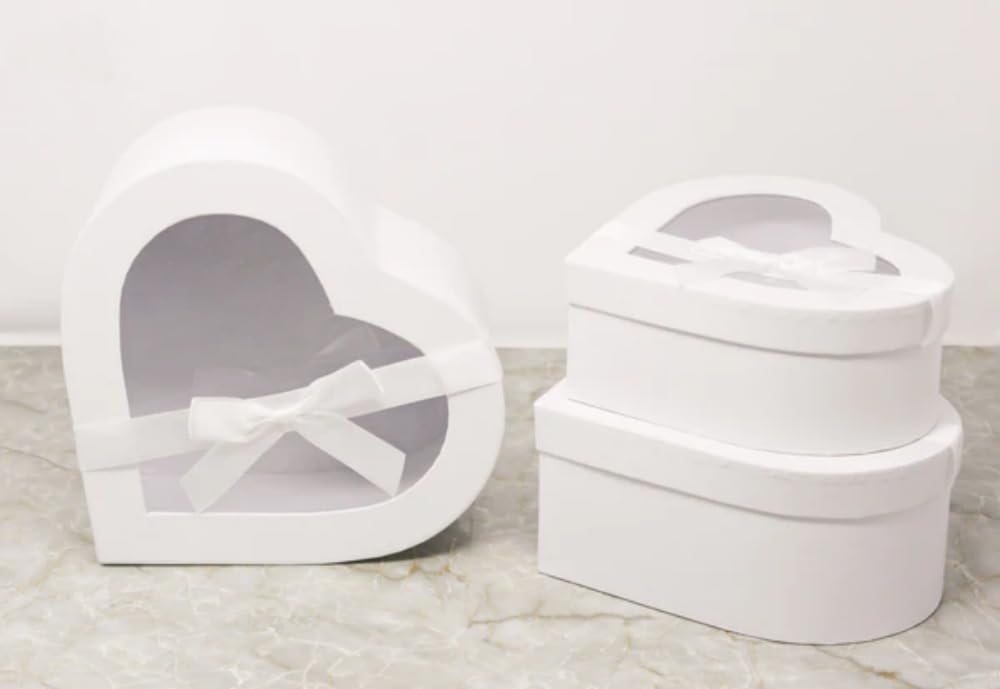 BBJ WRAPS Heart Shaped Boxes for Flowers Packaging with Transparent Window Lids Luxury Gift Box for Floral Arrangement, Set of 3(S/M/L) (White)