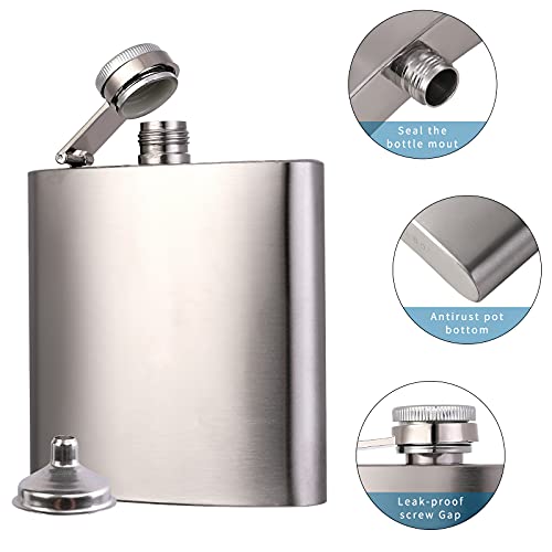 Hip Flask for Liquor 1PCS Silver Thin Flasks 6oz Stainless Steel Leakproof with 1pcs Funnel for Gift, Camping, Wedding Party