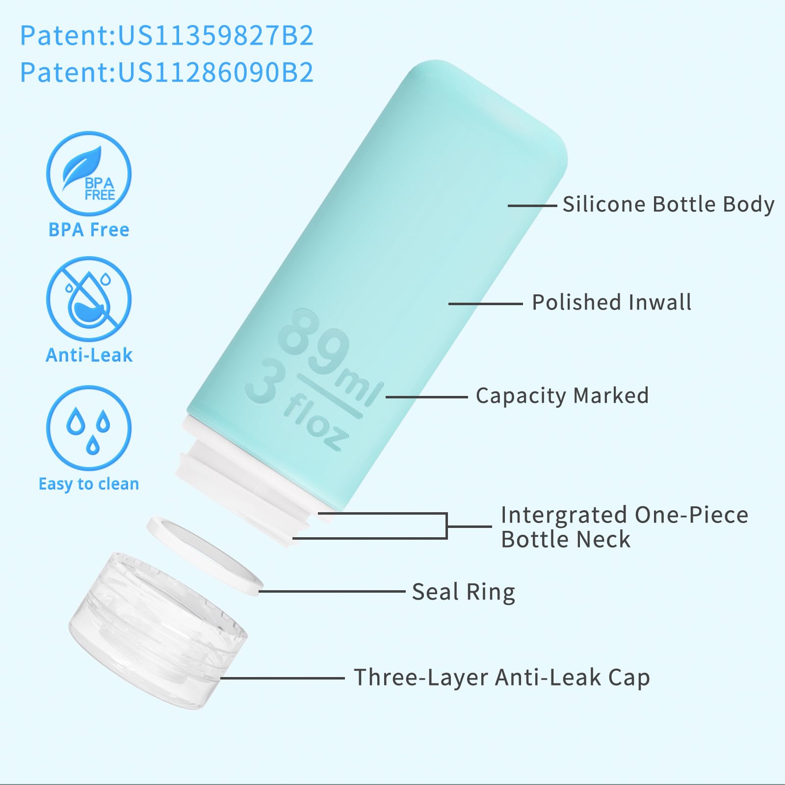 Craftend Silicone Travel Bottles for Toiletries TSA Approved Travel Size 3oz Containers Set 4 Pack Portable Leak Proof Refillable Cosmetic Squeeze Bottles Shampoo Conditioner Body Lotion Shower Gel